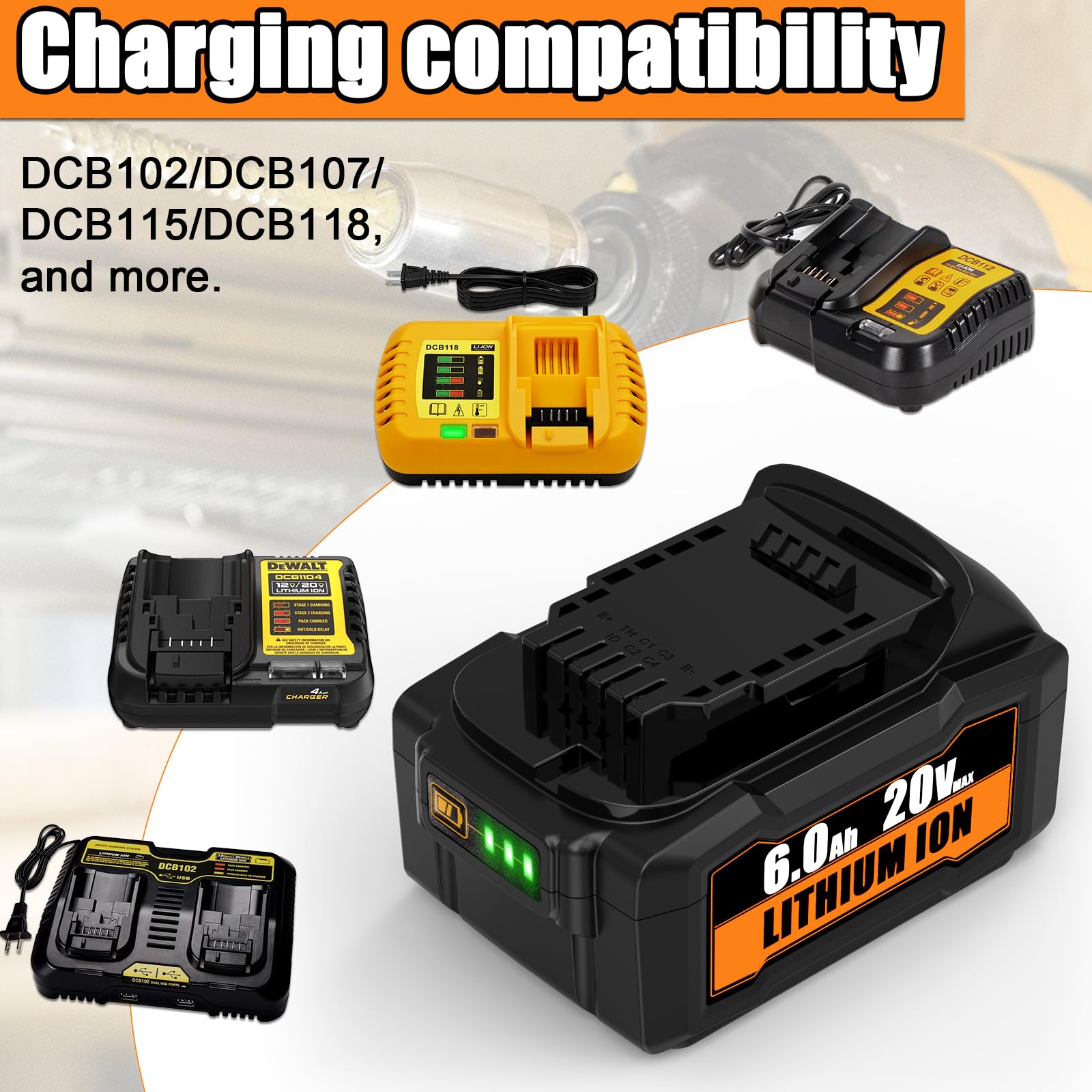 2 Pack 20V 6.0Ah Max Replacement Battery for Dewalt - Upgraded Lithium ion Batteries Compatible with Dewalt Charger DCB200 DCB201 DCB203 DCB206 DCB210 DCD DCF DCG Cordless Power Tools (Black)