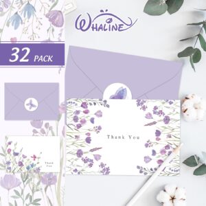 Whaline 32 Pack Purple Floral Thank You Cards Wildflower Greeting Cards with Envelopes Stickers Blank Note Cards for Wedding Bridal Baby Shower Birthday, 4 x 6 Inch