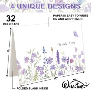 Whaline 32 Pack Purple Floral Thank You Cards Wildflower Greeting Cards with Envelopes Stickers Blank Note Cards for Wedding Bridal Baby Shower Birthday, 4 x 6 Inch