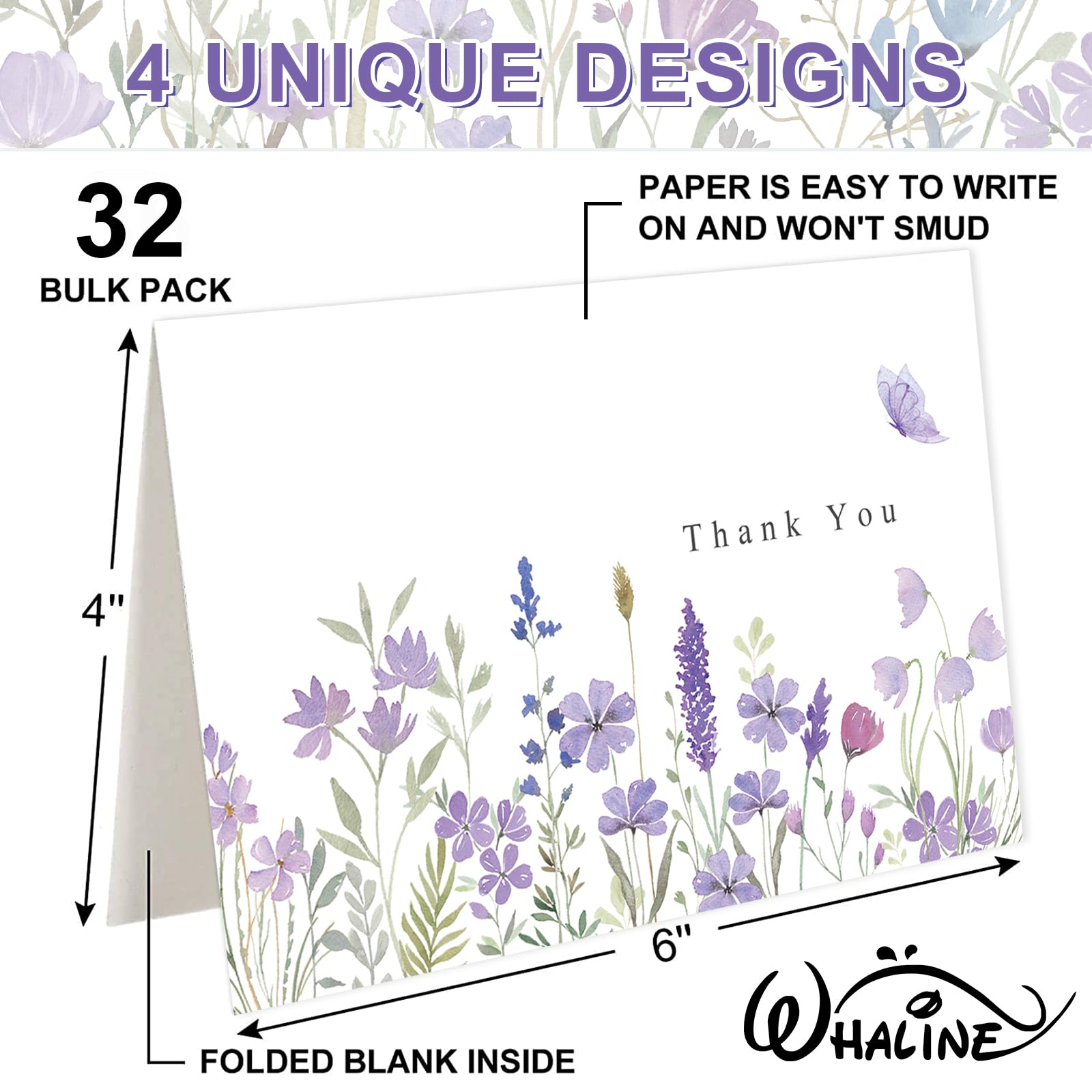 Whaline 32 Pack Purple Floral Thank You Cards Wildflower Greeting Cards with Envelopes Stickers Blank Note Cards for Wedding Bridal Baby Shower Birthday, 4 x 6 Inch