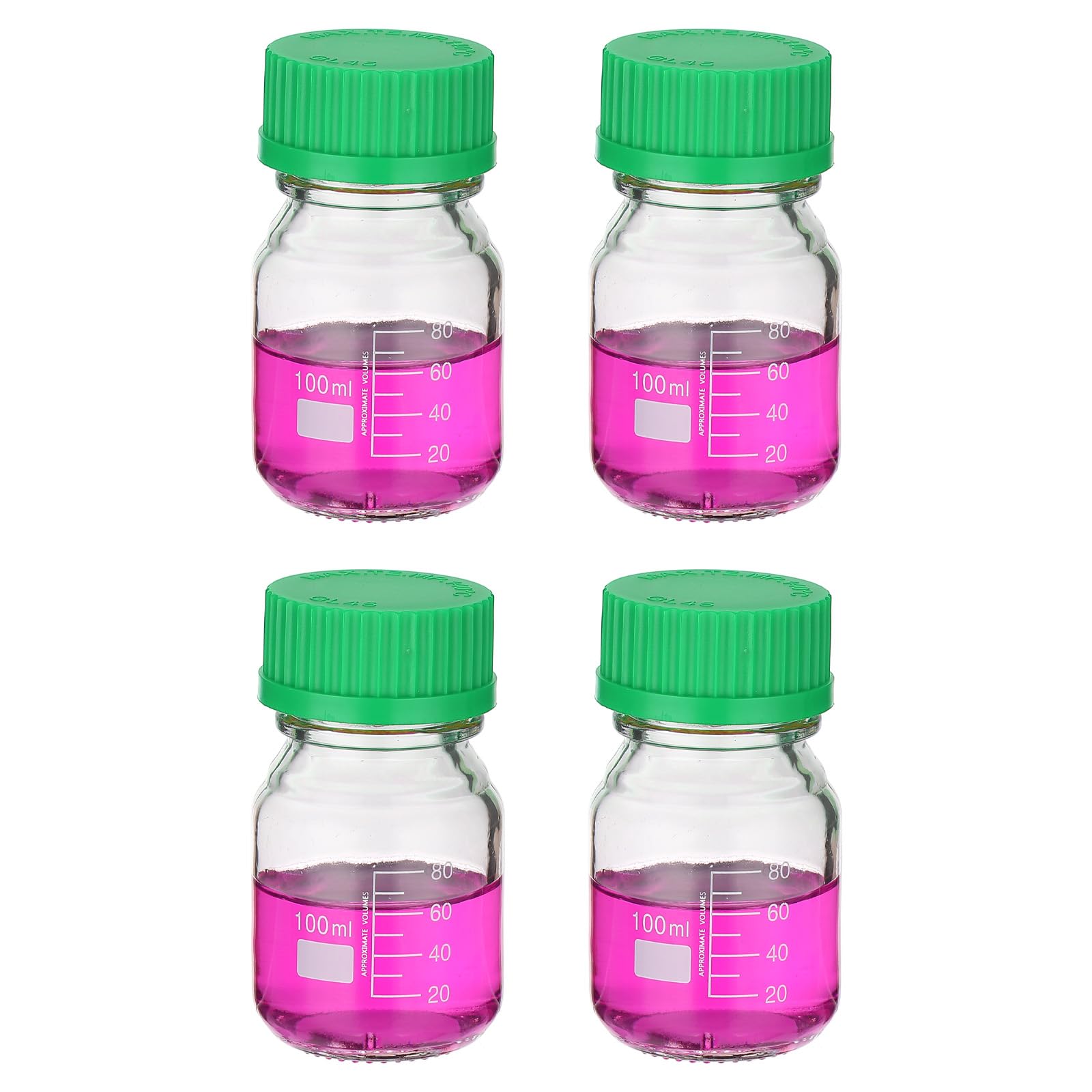 PATIKIL 4 Pack Reagent Media Storage Bottles, 100ml Borosilicate Glass Graduated Round Bottles with GL32 Green Screw Cap for Lab Water Reagent Liquids, Clear