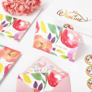 Whaline 50 Pack Floral Thank You Cards Boxed Pink Watercolor Flower Gold Foil Greeting Cards with Envelopes Stickers Blank Note Cards for Wedding Bridal Baby Shower Birthday, 4 x 6 Inch