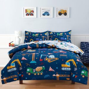 holawakaka trucks tractors cars boy bedding comforter set with sheets, full size cartoon construction car excavator print kids bed in a bag 5-piece, boys reversible dorm bed sets (navy blue full)