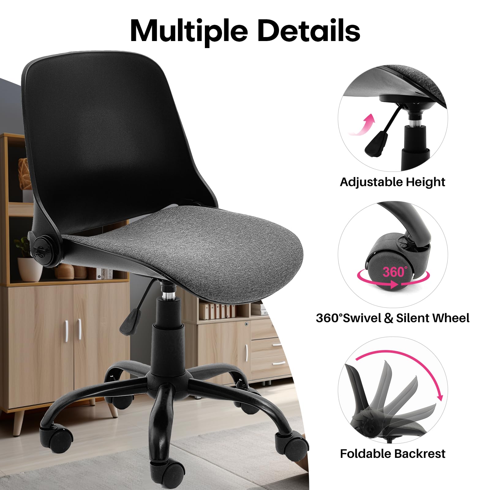 Redlife Small Desk Chairs for Small Spaces, Folding Office Chair, Ergonomic Office Chair Foldable Desk Chair Swivel Chair for Desk, Height Adjustable Folding Office Chair for Home Office (Black)