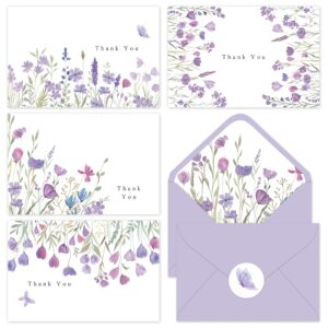 whaline 32 pack purple floral thank you cards wildflower greeting cards with envelopes stickers blank note cards for wedding bridal baby shower birthday, 4 x 6 inch