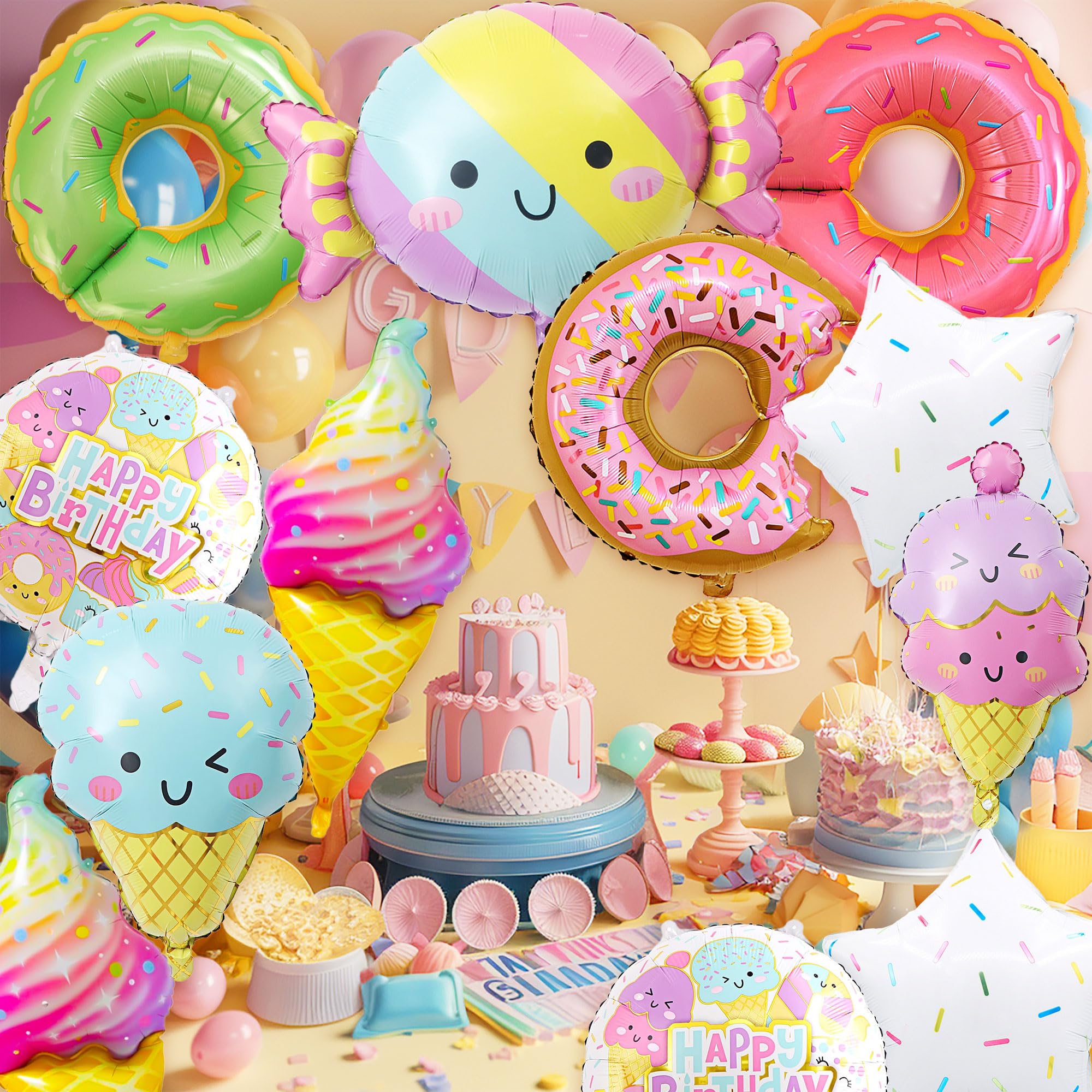 Ice Cream Balloons,12 PCS Large donut Candy Ice Cream Theme Balloons, Ice Cream Party Decorations, Foil Mylar Balloons for Ice Cream Summerr Hawaii Birthday Baby Shower Party Supplies