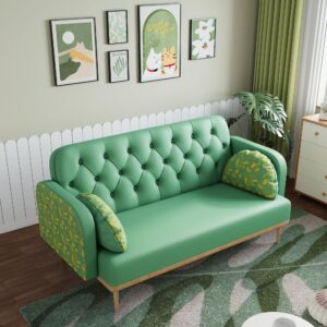 56 inch loveseat sofa couch, faux leather sofa for living room, mid century modern sofa with 2 bolster pillows, tufted seat, small sofa for bedroom, apartment, home office (green, 57 inch)