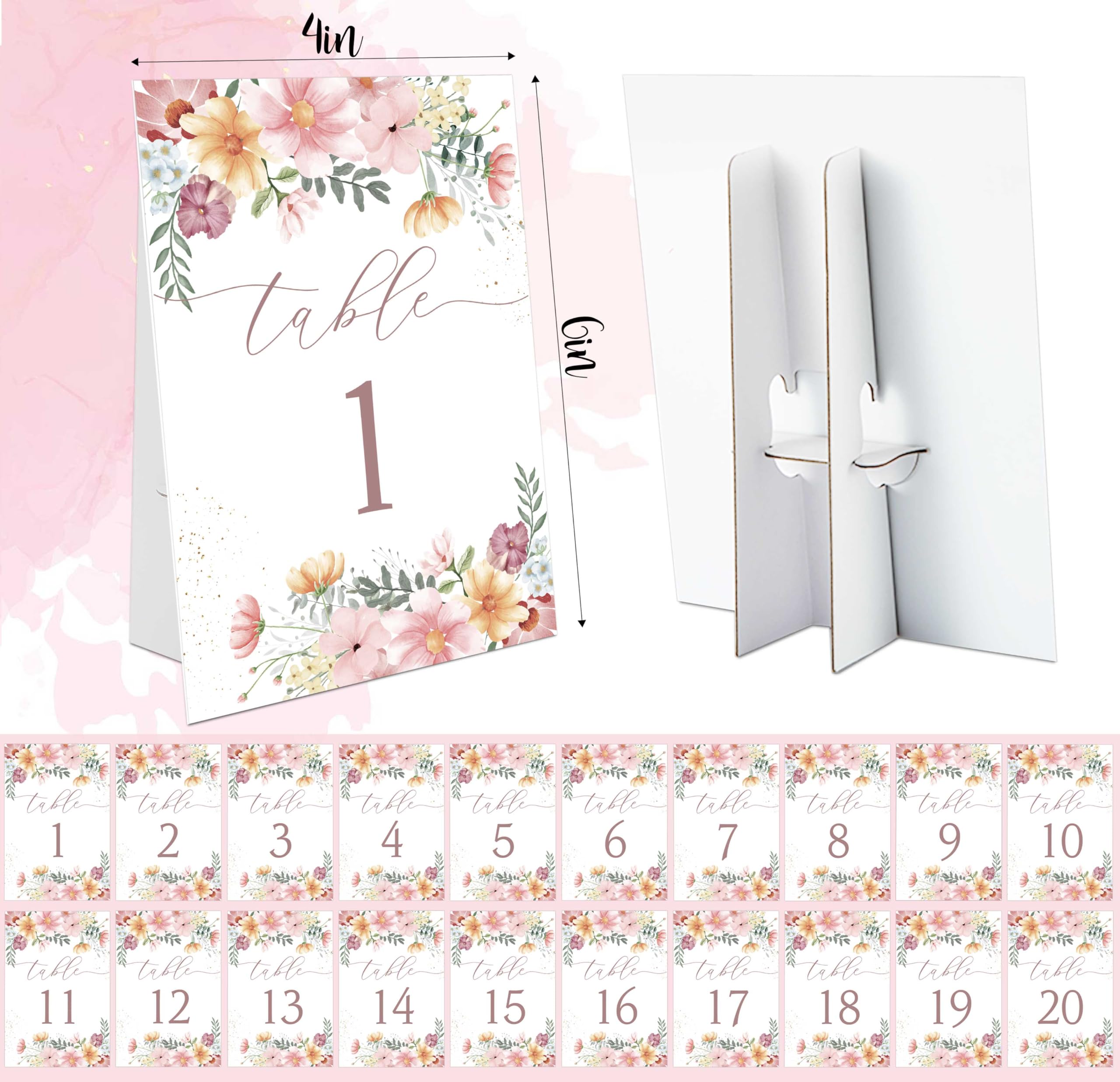 Wedding Table Numbers 1-20, Flower Wedding Decor, 4x6 Standing Sign Self-Standing Table Numbers for Bridal Showers, Baby Showers, Special Event, Reception & Decorations