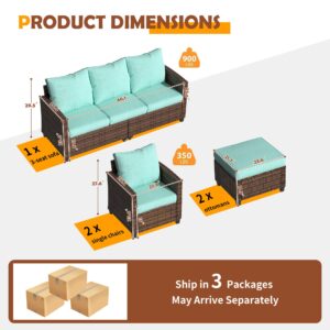 UDPATIO Patio Furniture Set, 5 Pieces Outdoor Sectional Sofa Set, All-Weather Wicker Rattan High Back Patio Conversation Set with Ottoman for Poolside, Backyard, 4" Thick Cushions, Light Blue