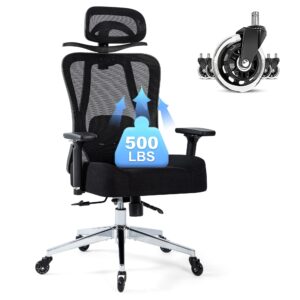 office chair 500lbs ergonomic mesh desk chair for heavy people, heavy duty office chair with wide thick seat cushion, 4d armrest, adjustable headrest & lumbar support computer chair