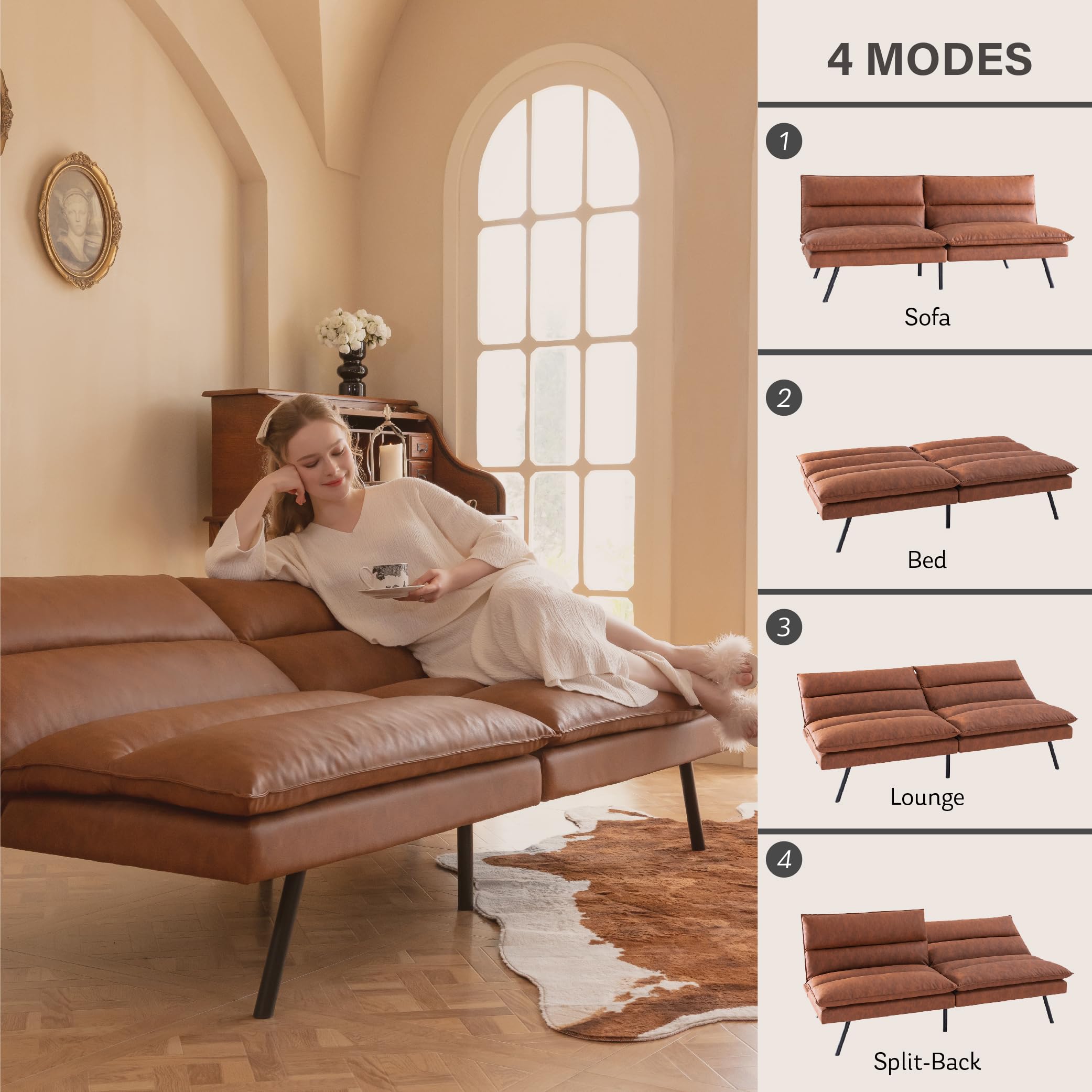 Futon Sofa Bed, Memory Foam Futon Couch with Adjustable Backrest, Multi-Functional Design Convertible Sofa Bed, Space-Saving Sleeper Sofa for Living Room(Brown-PU)