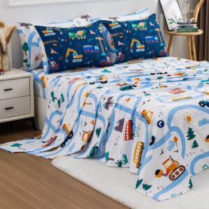 Holawakaka Trucks Tractors Cars Boy Bedding Comforter Set with Sheets, Full Size Cartoon Construction Car Excavator Print Kids Bed in A Bag 5-Piece, Boys Reversible Dorm Bed Sets (Navy Blue Full)