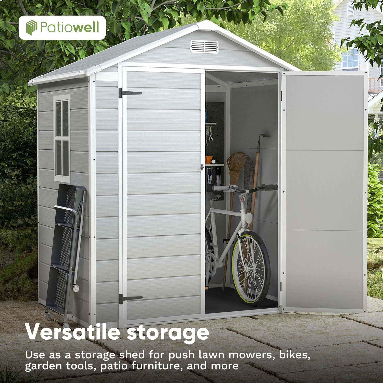 Patiowell 6x4 FT Plastic Outdoor Storage Shed-Perfect to Store Patio Furniture, GardenTools Bike Accessories, Beach Chairs and Lawn Mower, White & Grey