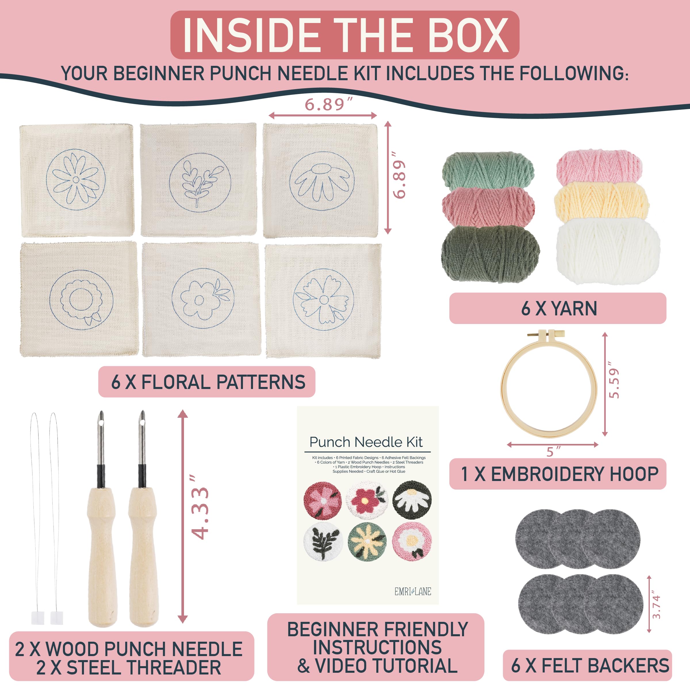 Punch Needle Kit – 6 Floral Design Punch Needle Embroidery Kit w/Monk Cloth, Embroidery Hoop, Yarn & More - Essential Punch Needle Supplies for Crafters - Ideal Punch Art for Beginners