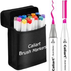 caliart 18 colors brush & chisel permanent alcohol markers, dual tip artist sketch art markers set for adult coloring book, aesthetic cute school supplies, pens for drawing coloring illustrations