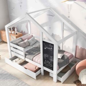 aty twin size platfrom bed with two storage drawers and blackboard design, solid wood house shaped bedframe w/roof, save space & no box spring needed, for kids bedroom, dorm, white