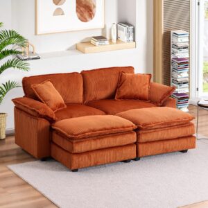 oversized chaise lounge chair indoor with ottoman,84.6"w corduroy upholstered modern loveseat sofa,deep seat l shaped sectional couch,comfy reclining sleeper chair for living room(2 seater,orange)