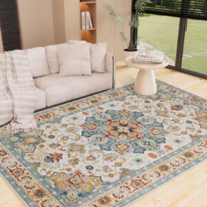 chunsemeiju washable non-slip floral boho area rug, 4x6 blue & red rugs for living room, 4x6ft blue rugs for bedroom, living room, home office (blue red, 4'x6')