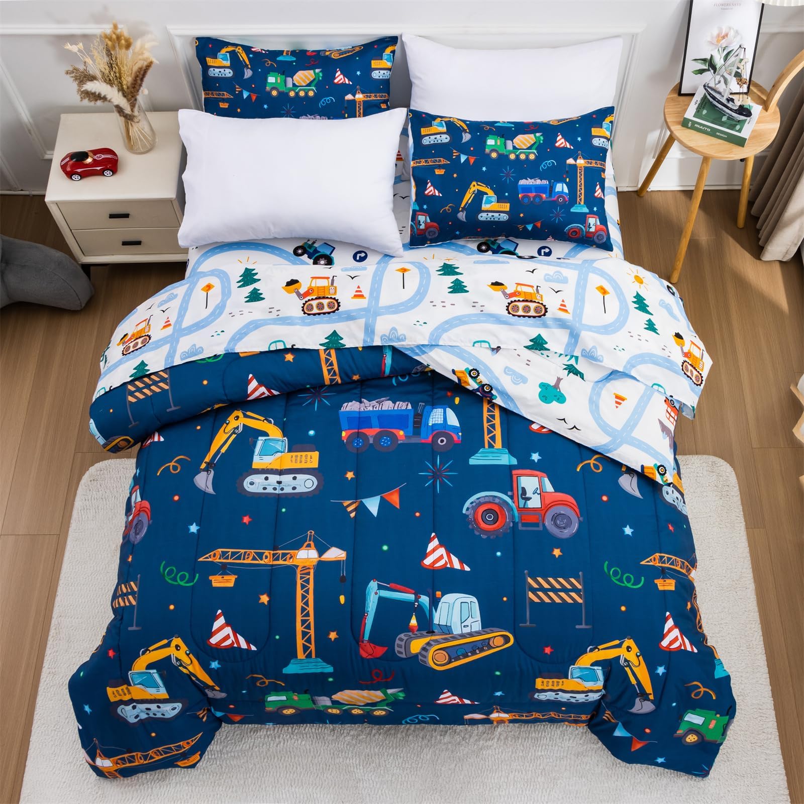 Holawakaka Trucks Tractors Cars Boy Bedding Comforter Set with Sheets, Full Size Cartoon Construction Car Excavator Print Kids Bed in A Bag 5-Piece, Boys Reversible Dorm Bed Sets (Navy Blue Full)