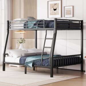 mikibama full xl over queen bunk,metal heavy duty bunk beds for adults,queen bunk bed with inclined ladder,industrial bunkbeds for kids,adult,small spaces,space saving. (black, full xl over queen)