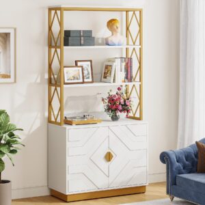 Tribesigns White and Gold Bookshelf with Doors: 70.9 Inches Tall Etagere Bookcase Set of 2, Modern Open Display Book Shelves with Metal Frame for Living Room Bedroom Office