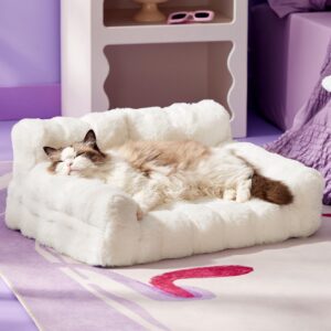 lesure orthopedic cat couch bed, cute waterproof cat sofa with supportive egg foam for small medium dogs & kittens, washable cat chair with fluffy faux fur bubble cover, non-slip bottom, white