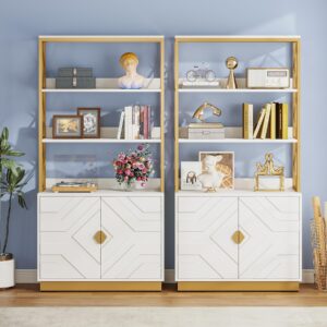 tribesigns white and gold bookshelf with doors: 70.9 inches tall etagere bookcase set of 2, modern open display book shelves with metal frame for living room bedroom office