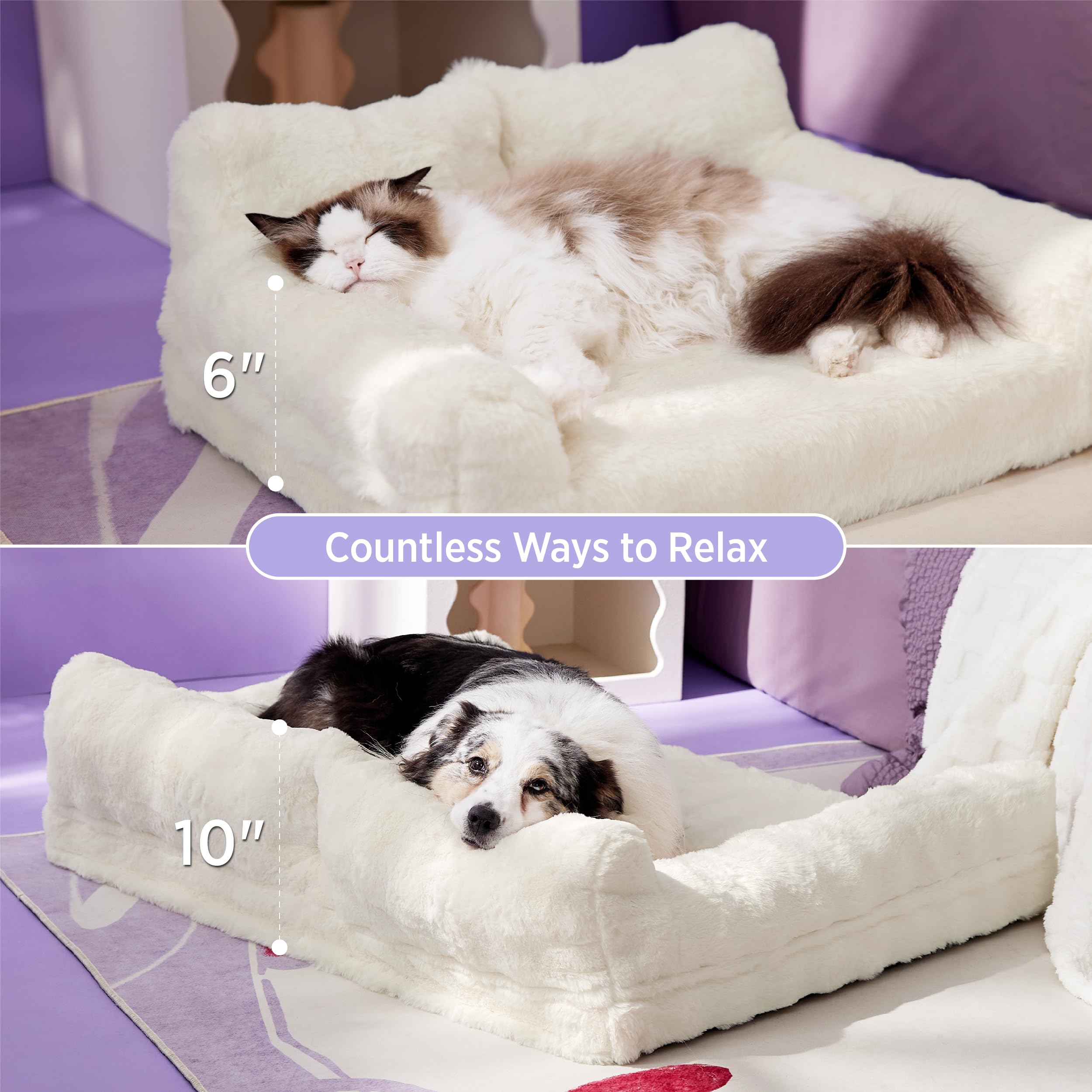 Lesure Orthopedic Cat Couch Bed, Cute Waterproof Cat Sofa with Supportive Egg Foam for Small Medium Dogs & Kittens, Washable Cat Chair with Fluffy Faux Fur Bubble Cover, Non-Slip Bottom, White