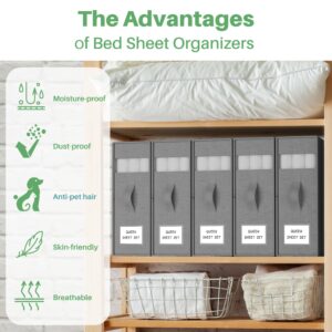 PARANTA Bed Sheet Organizers and Storage 6 Pack,Foldable Linen Closet Organizer,Twin Full Bed Sheet Organizers with Label Handle Window,Sheets Set Keeper for Blanket Duvet Cover Queen or King Grey