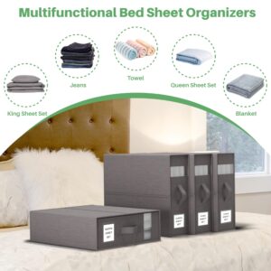 PARANTA Bed Sheet Organizers and Storage 4 Pack,Foldable Linen Closet Organizer,Twin Full Bed Sheet Organizers with Label Handle Window,Sheets Set Keeper for Blanket Duvet Cover Queen or King Grey