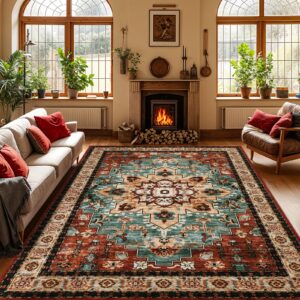 lbro2m boho area rug 5x7 washable rugs low piles, non slip soft boho rugs for living room, bedroom, dining room rug pet friendly area rugs (red, 5x7)