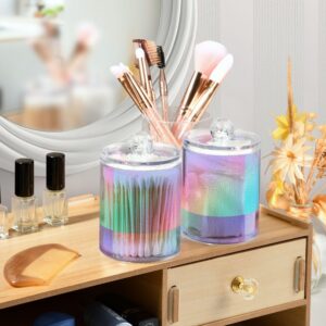 2 PACK Hologram Iridescent Foil Effect Qtip Holder Dispenser for Cotton Ball, Cotton Swab, Cotton Round Pads, Floss Picks - Plastic Apothecary Jar Set for Bathroom Canister Storage Organization