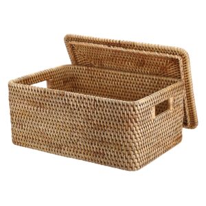 hipiwe rattan basket box for shelf organizing, natural storage wicker basket bins with handles, large lidded basket rectangular rattan box handwoven decorative basket box,15.1"x11.2"x7.3"