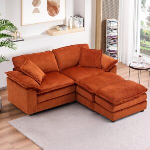 Oversized Chaise Lounge Chair Indoor with Ottoman,84.6"W Corduroy Upholstered Modern Loveseat Sofa,Deep Seat L Shaped Sectional Couch,Comfy Reclining Sleeper Chair for Living Room(2 Seater,Orange)