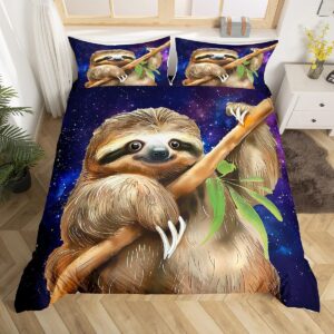 cute sloth duvet cover queen size,universe galaxy comforter cover with 2 pillowcase for teens adults,kids cartoon sloth bedding set,starry sky breathable 3 pieces decorative bed cover