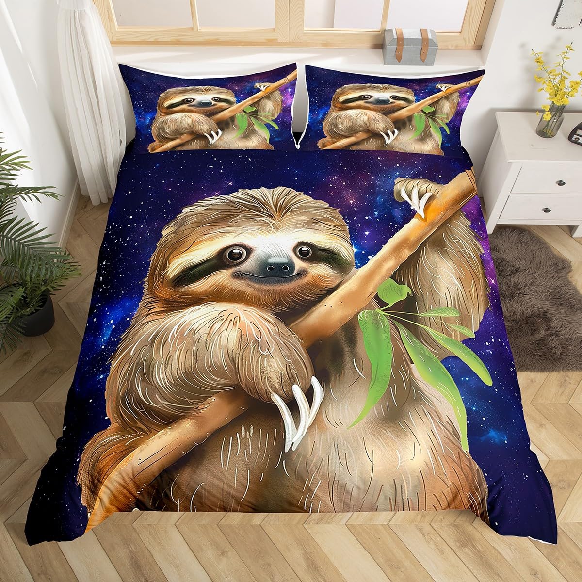 Cute Sloth Duvet Cover Queen Size,Universe Galaxy Comforter Cover with 2 Pillowcase for Teens Adults,Kids Cartoon Sloth Bedding Set,Starry Sky Breathable 3 Pieces Decorative Bed Cover