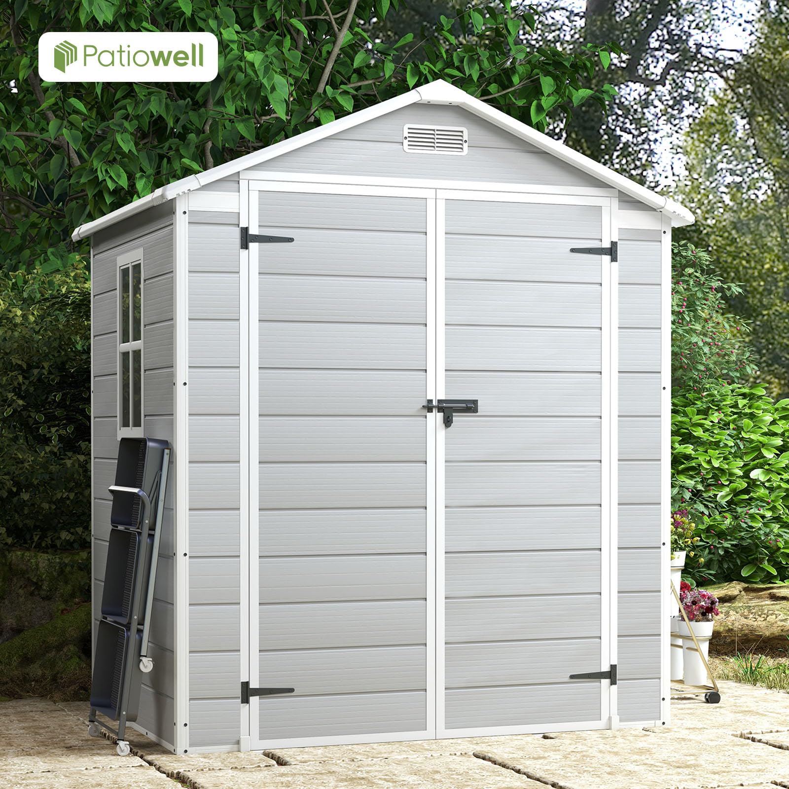 Patiowell 6x4 FT Plastic Outdoor Storage Shed-Perfect to Store Patio Furniture, GardenTools Bike Accessories, Beach Chairs and Lawn Mower, White & Grey