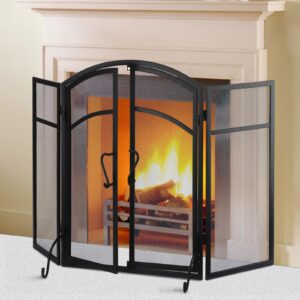 gtongoko 3 panel fireplace screen with doors 51" w x 32" h wrought iron extra large fireplace screen decorative fire spark guard grate for living room home decor - black