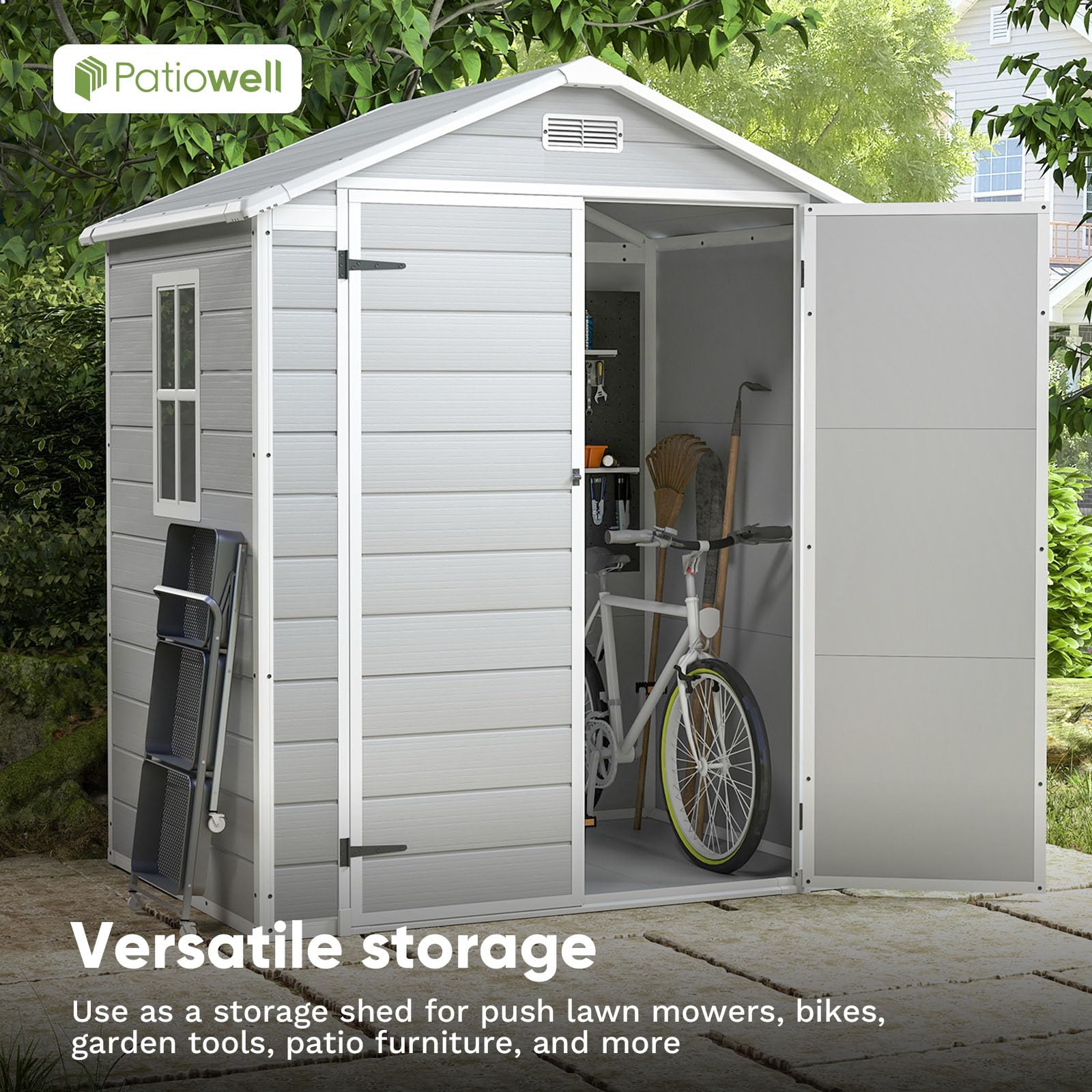 Patiowell 6x4 FT Plastic Outdoor Storage Shed-Perfect to Store Patio Furniture, GardenTools Bike Accessories, Beach Chairs and Lawn Mower, White & Grey