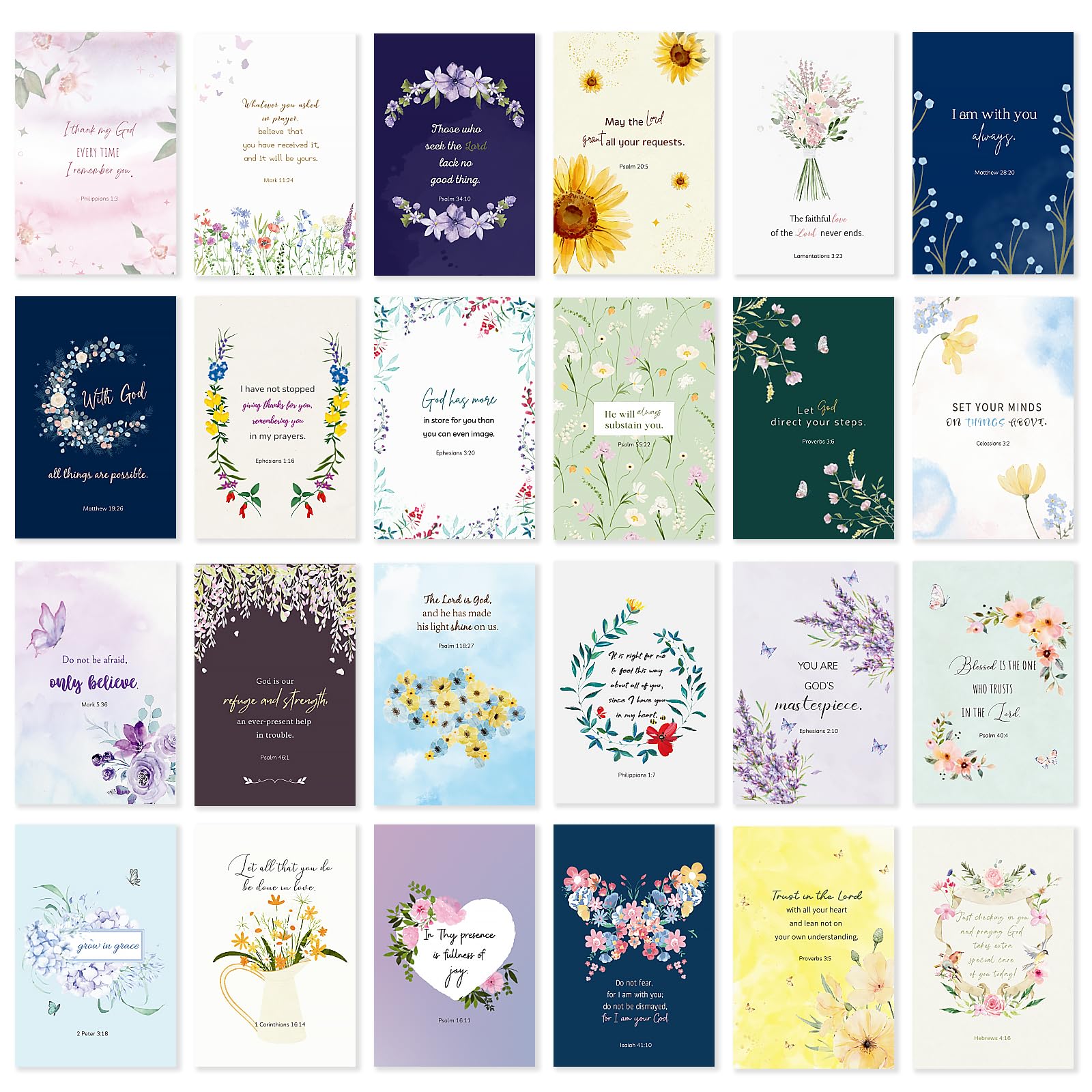 Nihuecne 24 Pack Floral Christian Thinking of You Cards with Self-adhesive Envelopes, 4"x6" Boxed Blessing Religious NoteCards with Sentiments Inside, 24 Bible Verses, 24 Desiqns