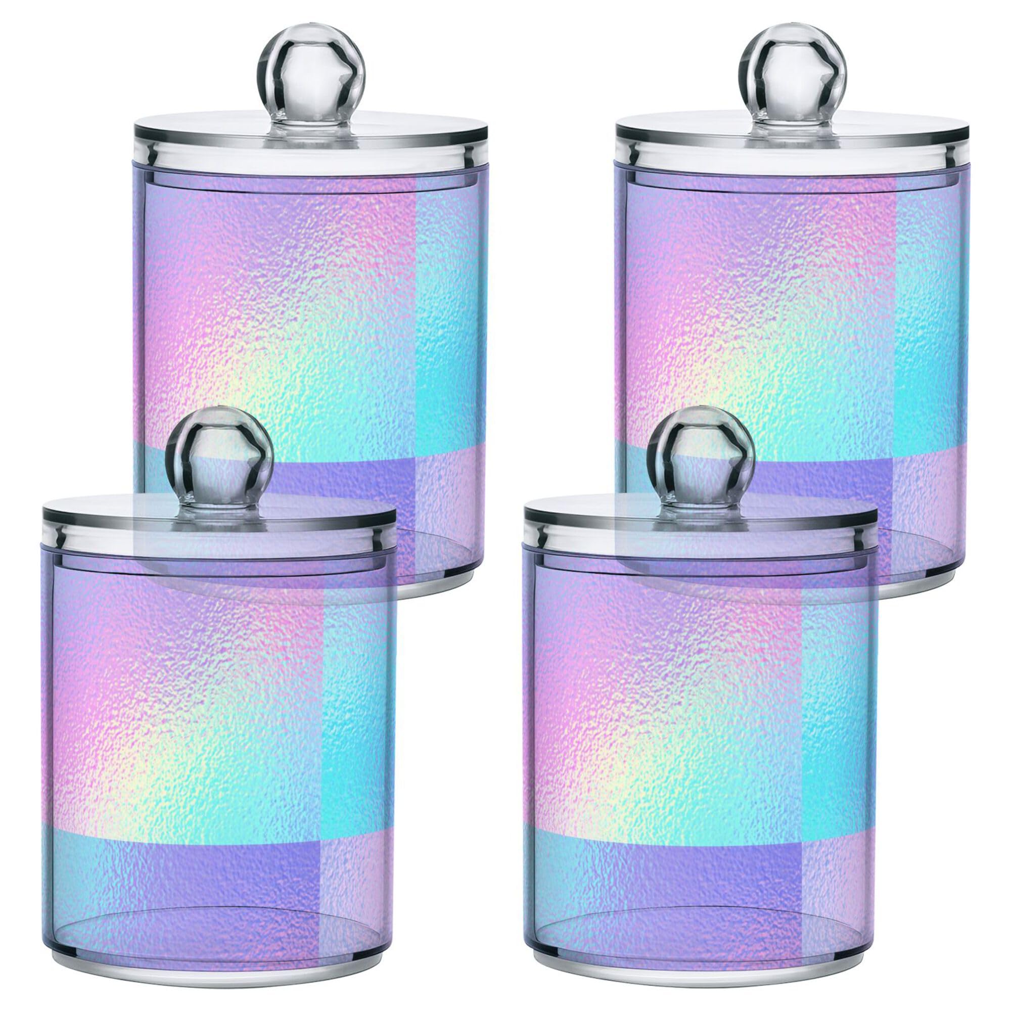 2 PACK Hologram Iridescent Foil Effect Qtip Holder Dispenser for Cotton Ball, Cotton Swab, Cotton Round Pads, Floss Picks - Plastic Apothecary Jar Set for Bathroom Canister Storage Organization