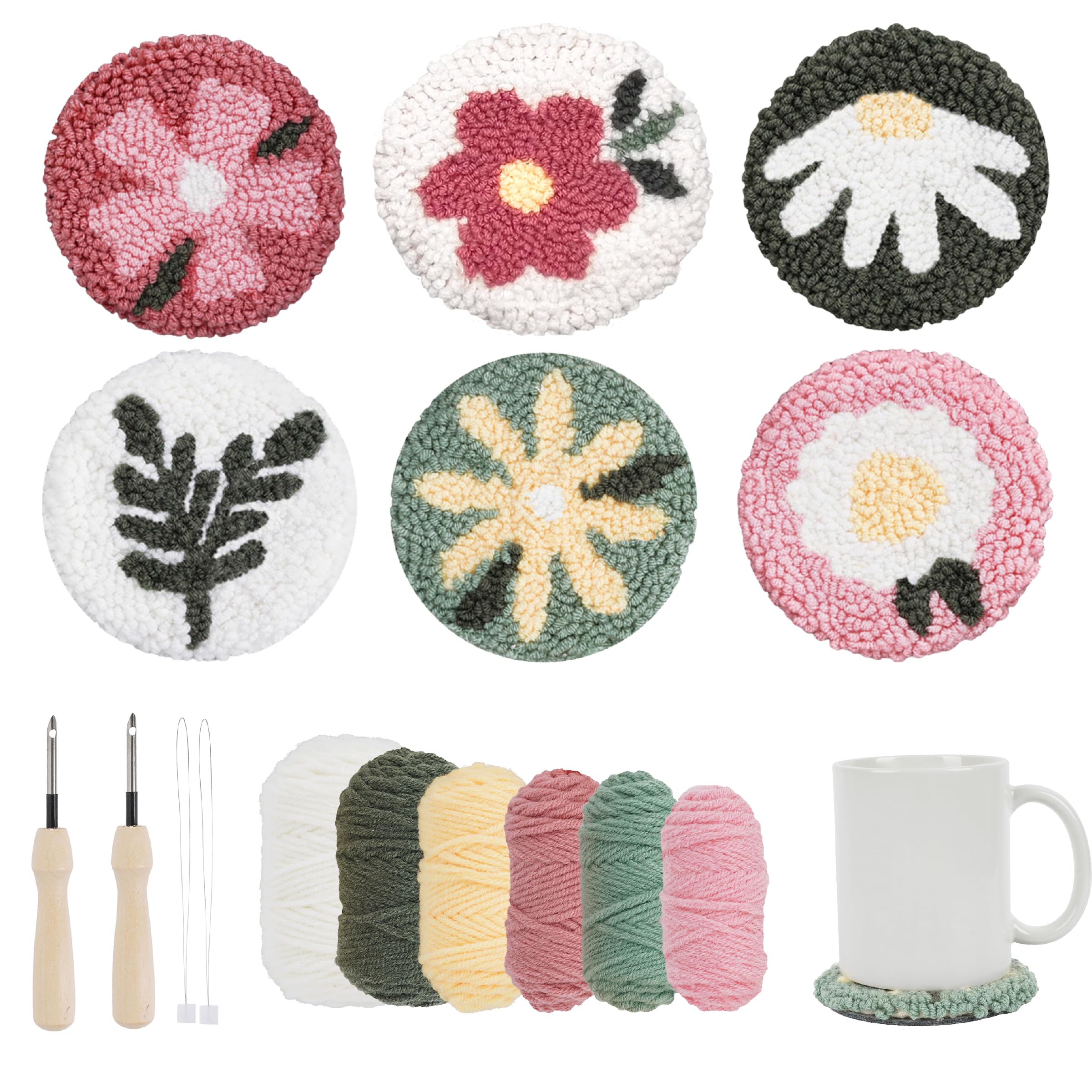 Punch Needle Kit – 6 Floral Design Punch Needle Embroidery Kit w/Monk Cloth, Embroidery Hoop, Yarn & More - Essential Punch Needle Supplies for Crafters - Ideal Punch Art for Beginners