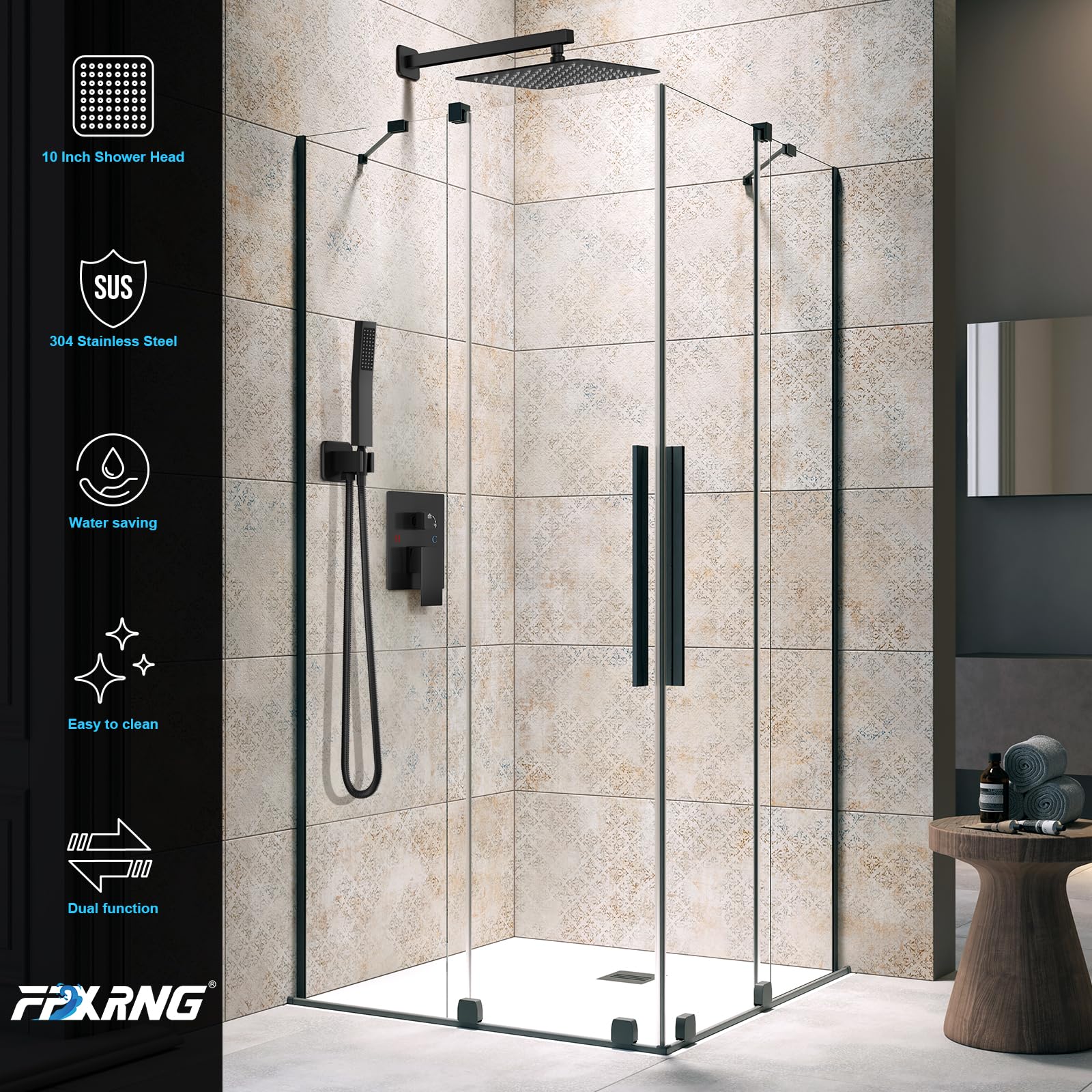 FPXRNG Black Shower Faucet Set, Rainfall Shower System with Rain Shower Head and Handle Set, Wall Mounted Shower Fixtures, Full Metal Trim Repair Kit 10 inch Matte Black (With Shower Valve)