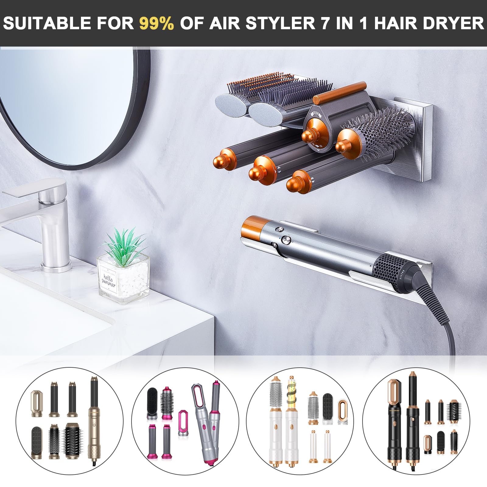 YAYINLI Wall Mount Hair Dryer Holder for 7 in 1 Curling Iron Accessories, Adhesive Blow Dryer Holder, Hair Tools Organizer & Storage Curling Iron Holder, Stainless Steel Hairdryer Straightener Holder