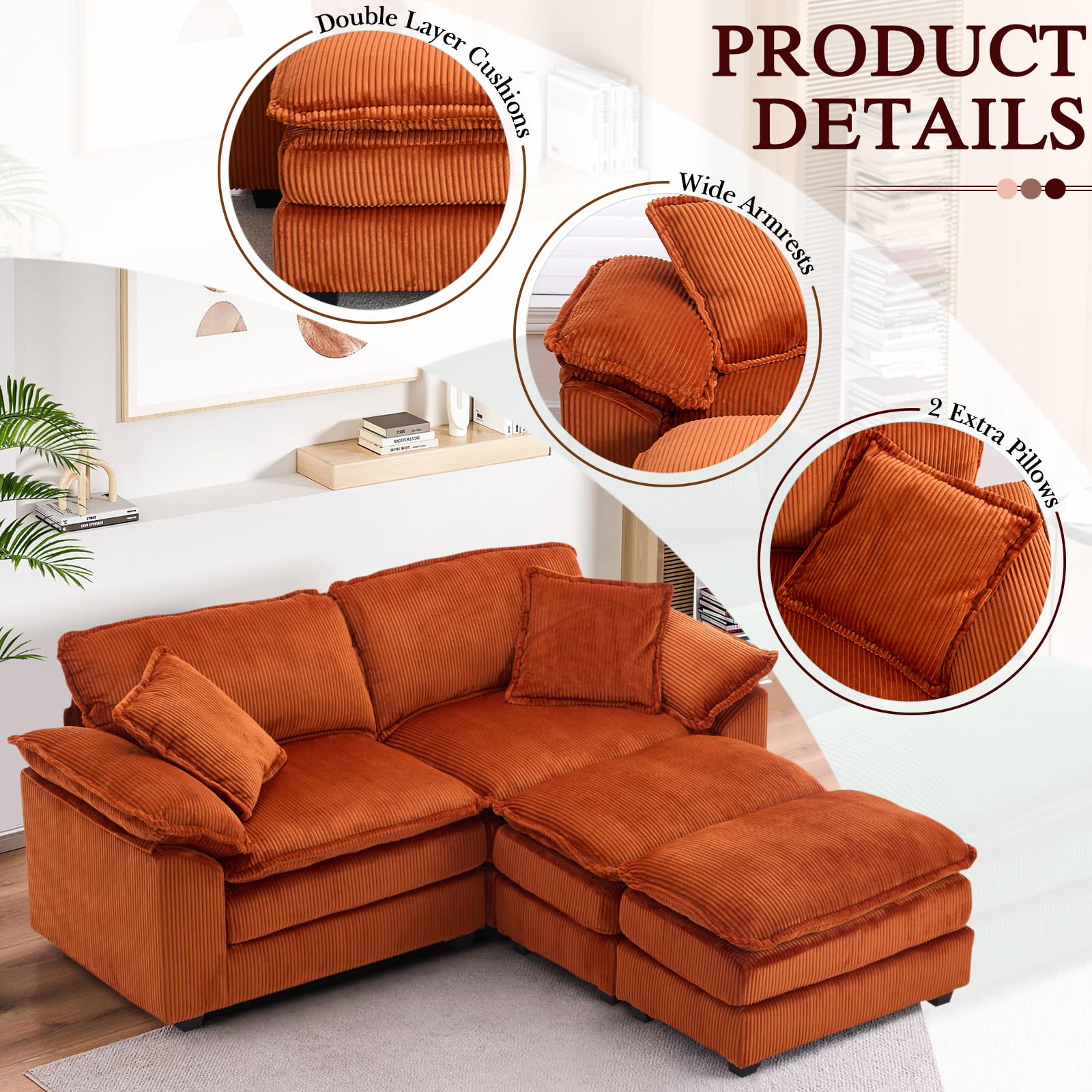 Oversized Chaise Lounge Chair Indoor with Ottoman,84.6"W Corduroy Upholstered Modern Loveseat Sofa,Deep Seat L Shaped Sectional Couch,Comfy Reclining Sleeper Chair for Living Room(2 Seater,Orange)