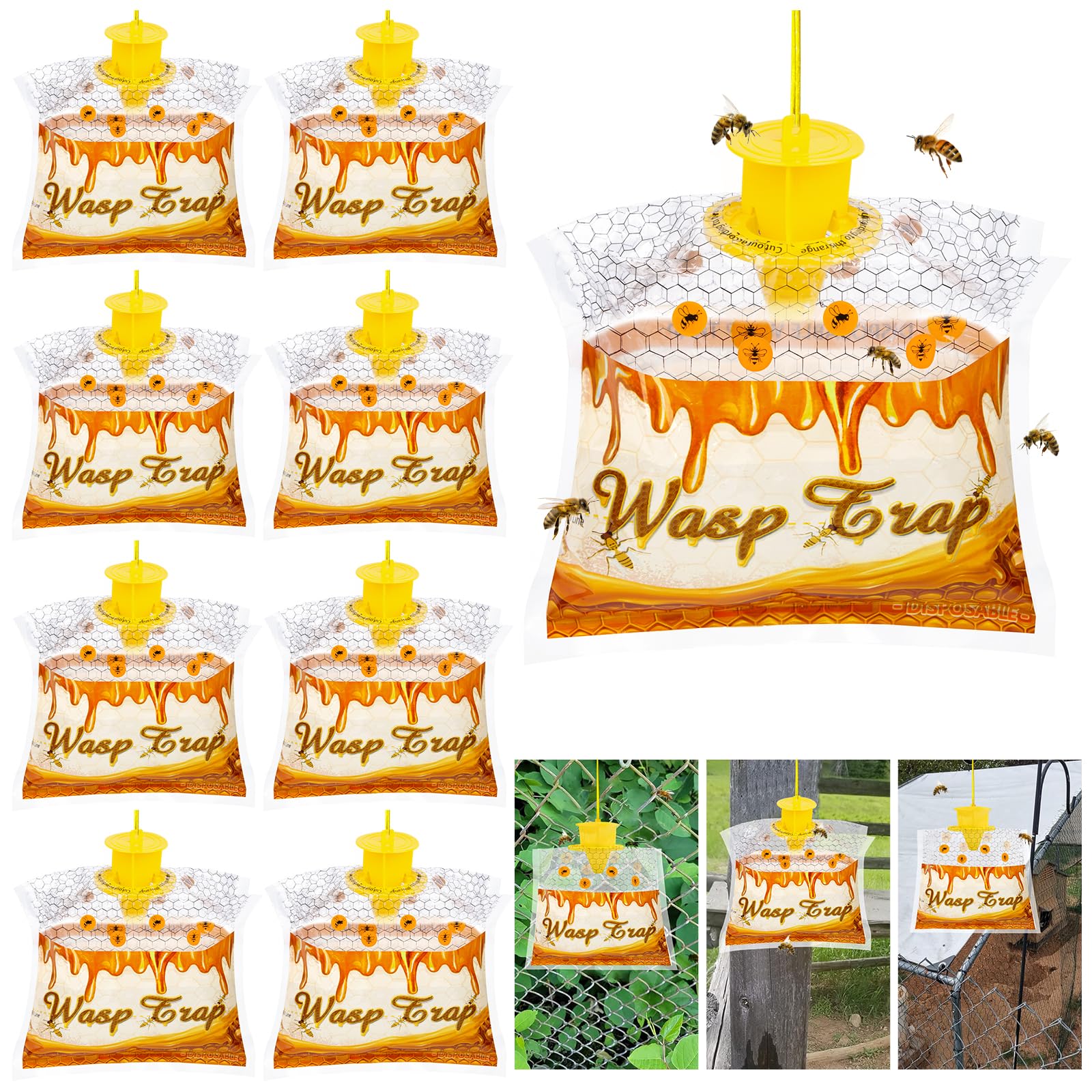 8 Pack Disposable Wasp Traps Outdoor Hanging Yellow Jacket Trap Carpenter Bee Traps for Outside Wasp and Hornet Traps Catcher Killer for Fly, Insects and Bug Outdoor Hanging Bag