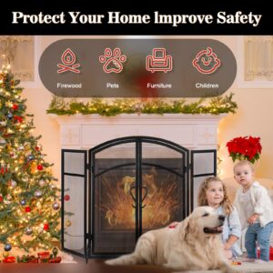 Gtongoko 3 Panel Fireplace Screen with Doors 51" W x 32" H Wrought Iron Extra Large Fireplace Screen Decorative Fire Spark Guard Grate for Living Room Home Decor - Black