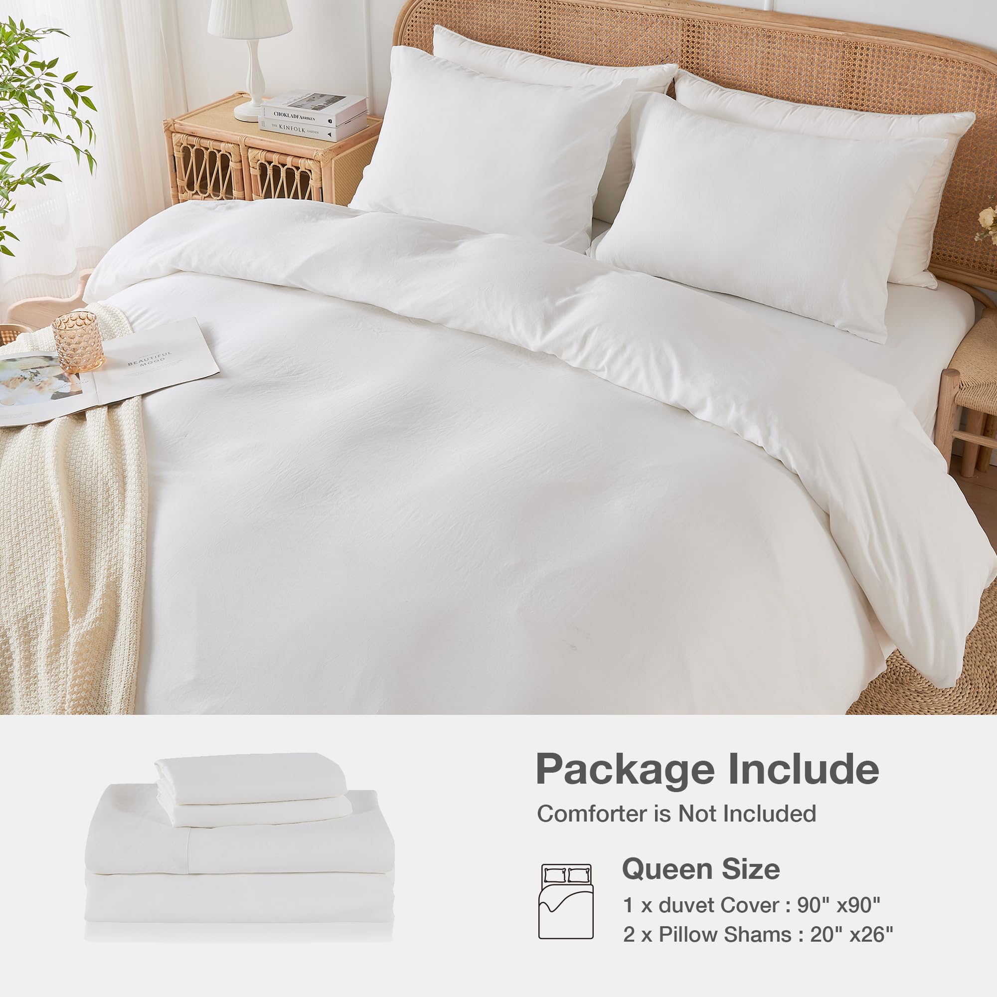 JELLYMONI White Duvet Cover Queen Size, 3 Pieces Soft Microfiber & Rayon Derived from Bamboo Duvet Cover Set, Breathable Cooling Duvet Cover with Zipper Closure