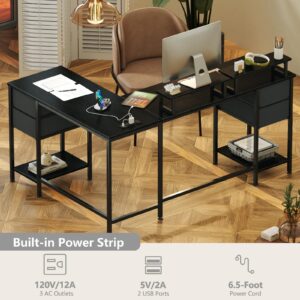 Korfile L Shaped Computer Desk with Power Outlets, Corner Desk with 2 Monitor Stands, Home Office Desk with 4 Adjustable Storage Drawers & Shelves, Large Gaming Desk for Bedroom, 59 inch, Black