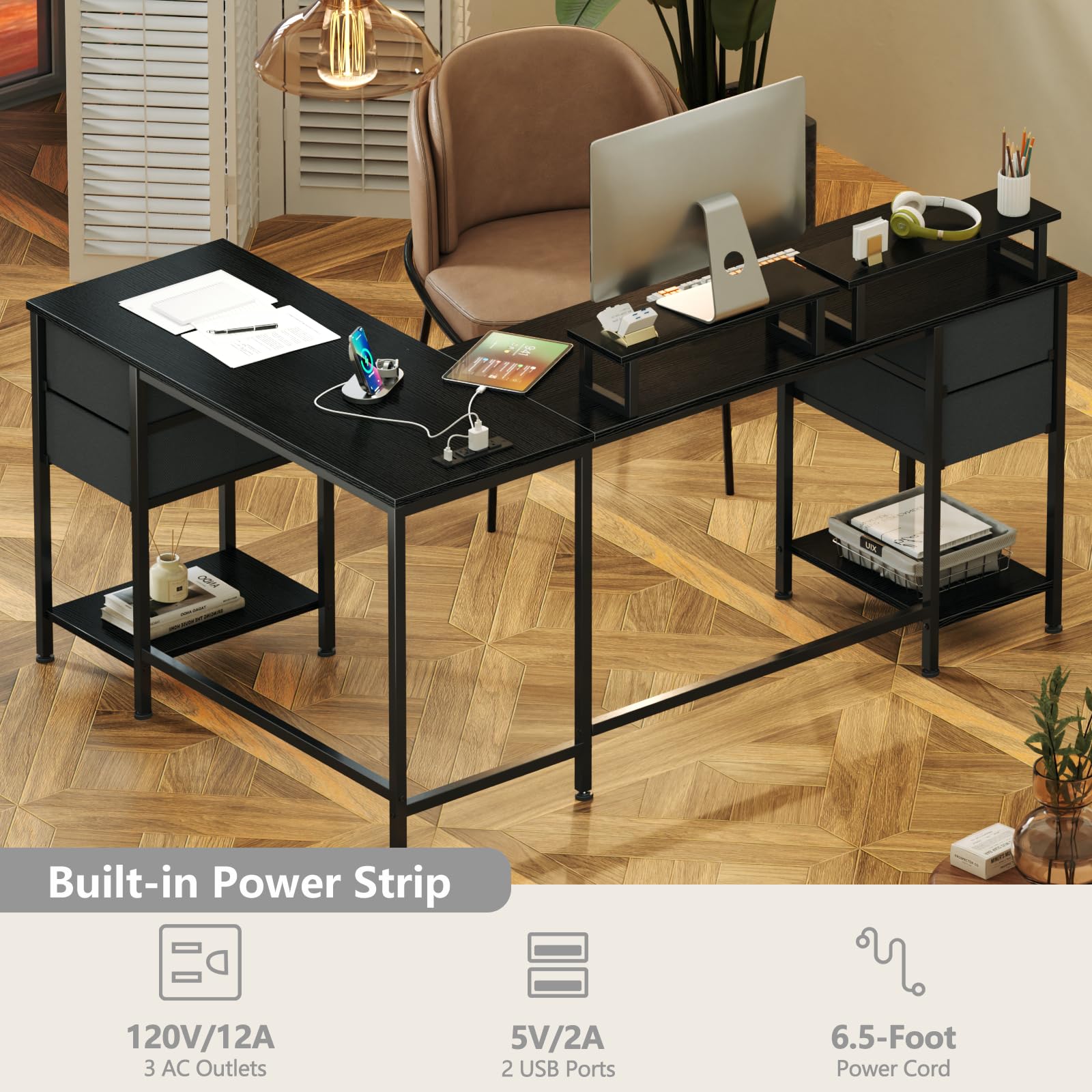 Korfile L Shaped Computer Desk with Power Outlets, Corner Desk with 2 Monitor Stands, Home Office Desk with 4 Adjustable Storage Drawers & Shelves, Large Gaming Desk for Bedroom, 59 inch, Black